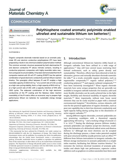 Polythiophene Coated Aromatic Polyimide Enabled Ultrafast And Sustainable Lithium Ion Batteries