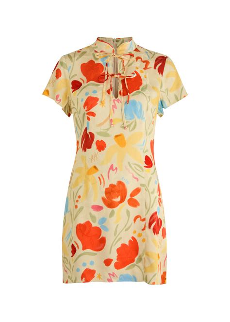 Kitri Gretchen Floral Print Satin Mini Dress Yellow Kitri