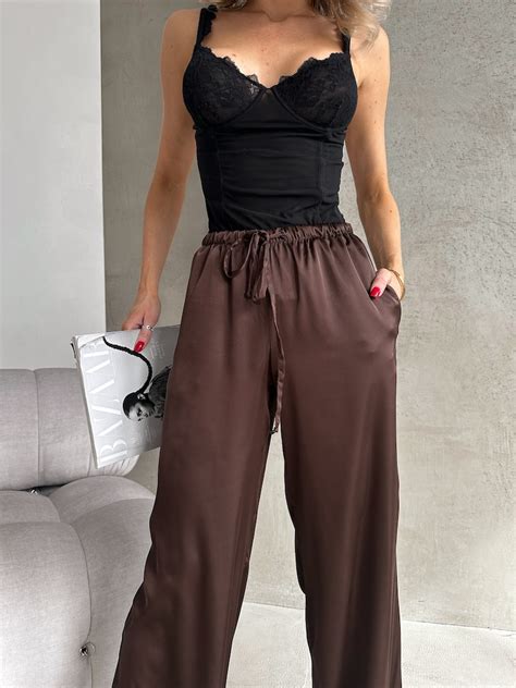 Silk Pants Silk Trousers High Waisted Brown Silk Pants Silk Straight