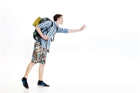 Premium Photo Travel Man Hitchhiking Young Male Hitchhiker On White