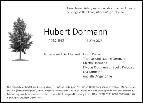 Traueranzeigen Von Hubert Dormann Trauer Nn De