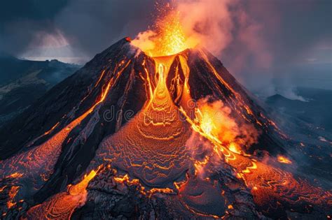 Volcano Eruption Flowing Lava Cascading Down Its Slopes With Smoke And