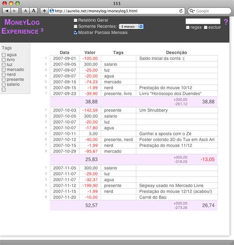 Versões antigas do MoneyLog Aurelio net