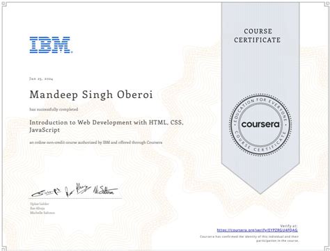 Learned Html Css And Javascript From Ibm Mandeep Singh Oberoi