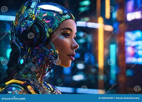 Symbiosis Of Woman And Artificial Intelligence In Cyborg Body Stock