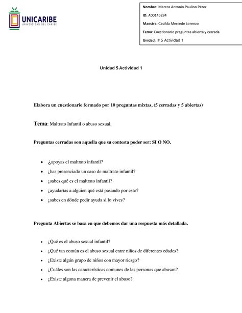 Paulino Marcos El Cuestionario Unidad 5 Actividad 1 Elabora Un