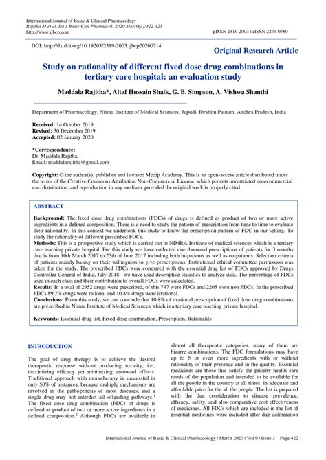 Pdf Study On Rationality Of Different Fixed Dose Drug Combinations In