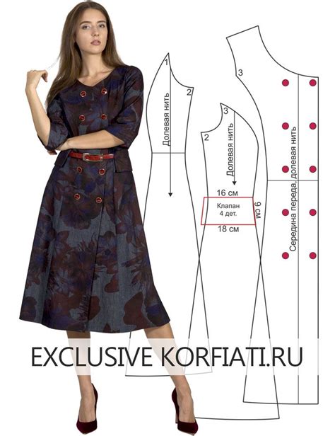 Выкройка двубортного платья от Анастасии Корфиати Образец моды Платье из шамбре Эскиз платья