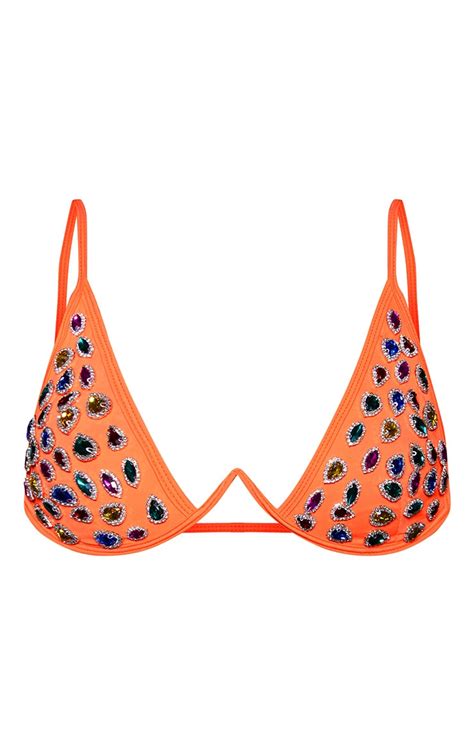 Orange Multi Embellished V Wire Bikini Top Prettylittlething