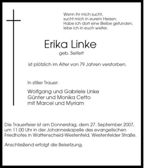 Traueranzeigen Von Erika Linke Trauer In NRW De