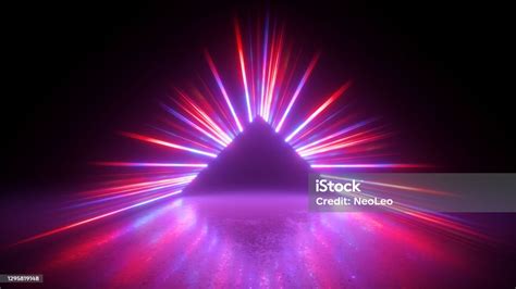 3d 렌더링 추상 네온 배경 반사 바닥과 빨간색 파란색 빛나는 레이저 광선과 성능 단계 빈 삼각형 프레임 3차원 형태에 대한 스톡 사진 및 기타 이미지 Istock