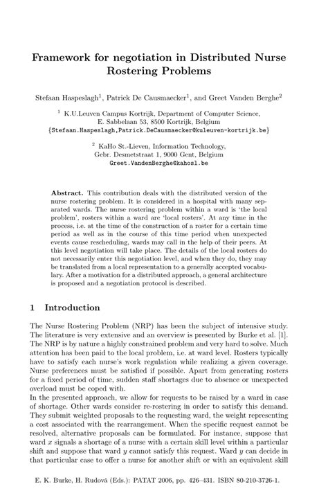 Pdf Framework For Negotiation In Distributed Nurse Rostering Problems