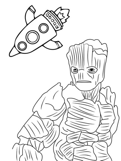 Old Groot With A Cartoon Rocket Coloring Page 1