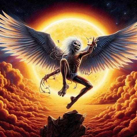 An Image Of A Skeleton With Wings Flying Above The Clouds In Front Of A