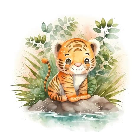Lindo bebé tigre ilustración en pintura de acuarela Foto Premium