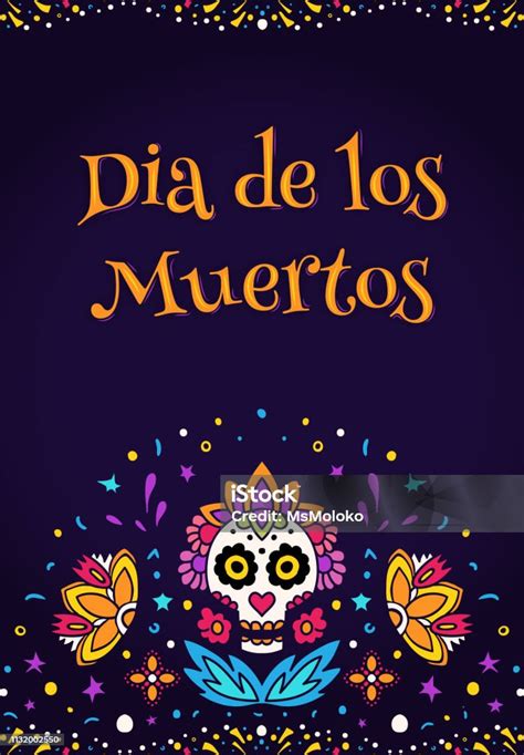디 아 드 로스 무에 르 토스 일의 죽은 벡터 일러스트 레이 션 설탕 두개골 꽃 및 장식 테두리가 있는 배너 또는 파티 전단지를 위한 디자인 0명에 대한 스톡 벡터 아트 및