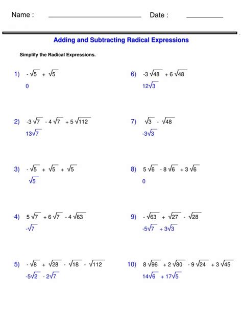 radicals worksheets adding and subtracting radical expressions made