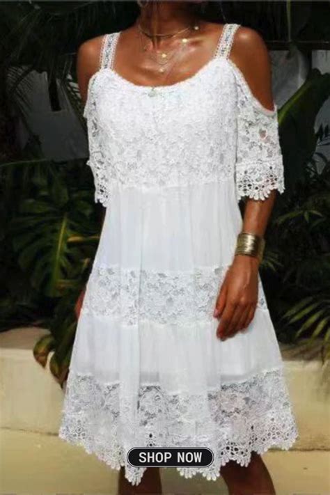 Womens Half Sleeve Scoop Neck Cold Shoulder Lace Stitching Midi Dress