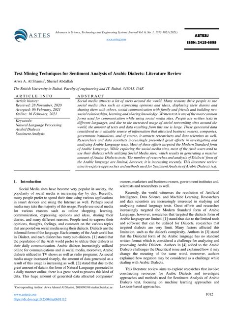 Pdf Text Mining Techniques For Sentiment Analysis Of Arabic Dialects