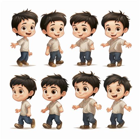 Menino Dos Desenhos Animados Posa Com Diferentes Expressões E