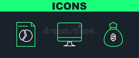 Set Line Money Bag Document With Graph Chart And Computer Monitor Screen Icon Vector Stock