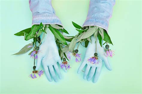 손과 봄 꽃은 네온 그린 테이블 스킨케어에 있습니다 손 스킨 케어 보습을 위한 네이처 코스메틱 꽃 추출물 아름다움 패션의 천연