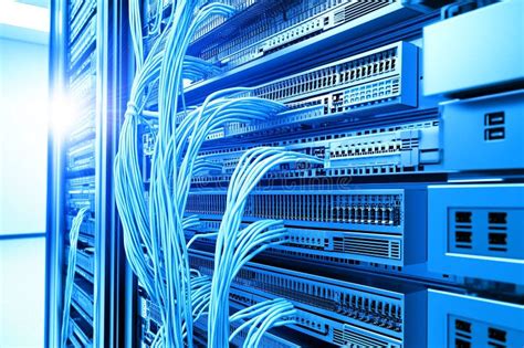 Detailed View Of Ethernet Cables And Switches In A Modern Data Center Network Setup Stock