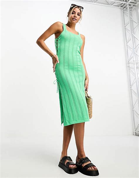 Pieces Crochet Side Ruched Midi Beach Dress In Bright Green Asos