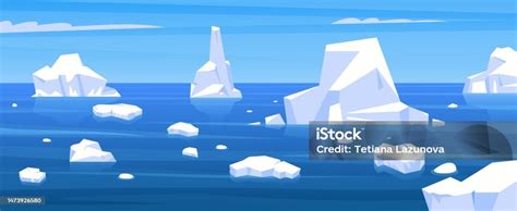 북극 풍경입니다 떠다니는 빙산과 얼어붙은 빙하 조각 얼음 북쪽 파노라마 지구 온난화 개념이 있는 만화 겨울 장면 벡터 배경
