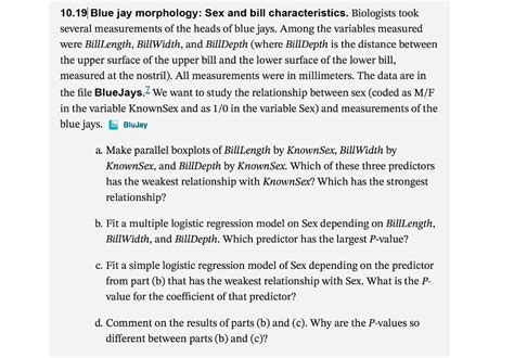 Solved 1019 Blue Jay Morphology Sex And Bill