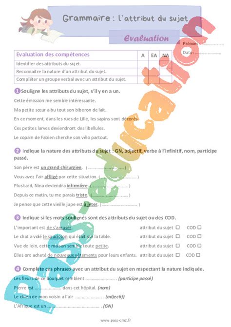 Lattribut du sujet Évaluation de grammaire 5eme Primaire PDF à