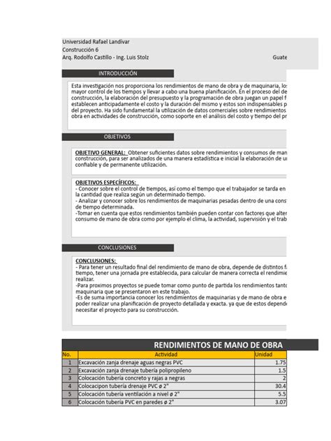 Rendimientos Y Mano De Obra Pdf Presupuesto