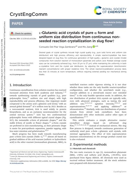Pdf L Glutamic Acid Crystals Of Pure α Form And Uniform Size