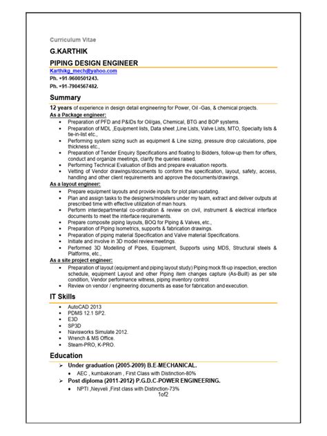G Karthik Piping Engineer Cv Pdf Specification Technical Standard Engineering