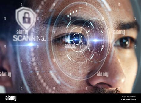 Scanning Hologram Eyes And Man With Futuristic Technology Biometric Data Or Laser