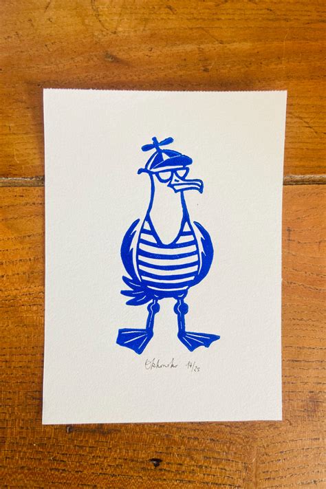 Original Linoprint Art Relax Seagull Springtime Etsy Shop