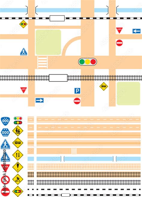 交通ルールの学習、地図の作製などに使える線路・道路・標識のセット Stock Vector Adobe Stock
