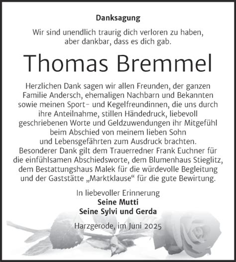 Traueranzeigen Von Thomas Bremmel Abschied Nehmen De
