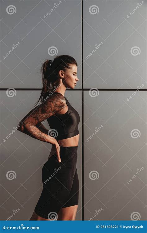 Beautiful Young Fit Tanned Caucasian Woman With Log Hair Outdoors Stock