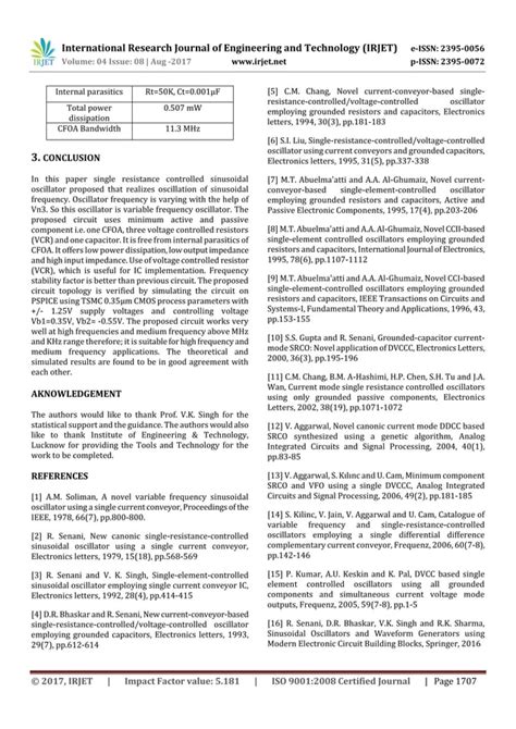 Cfoa Based Mos C Single Resistance Controlled Sinusoidal Oscillator Pdf