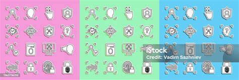 잠금 얼굴 인식 눈 스캔 음성 및 쉴드 얼굴 아이콘으로 줄 지문 설정합니다 벡터 건강관리와 의술에 대한 스톡 벡터 아트 및 기타 이미지 건강관리와 의술 검사 보기