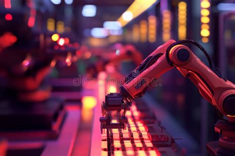 Futuristic Automated Robotic Arm Operating In A Tech Environment Vibrant Colors Illuminate The