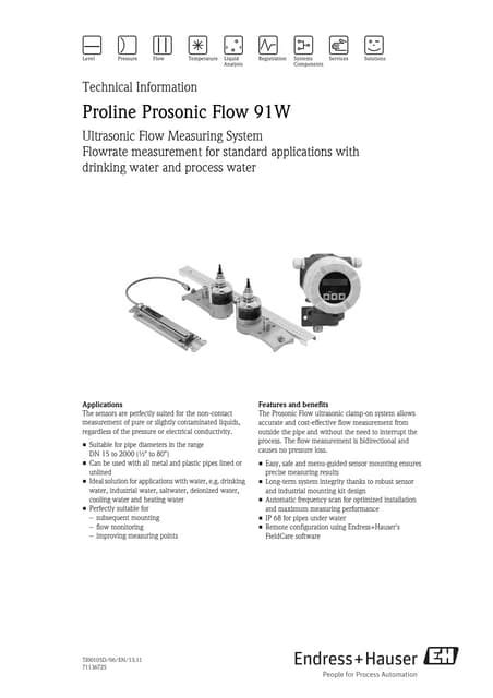 Proline Prosonic Flow 91 W Endress Hauser Datasheet Ultrasonic Flowmeter Pdf