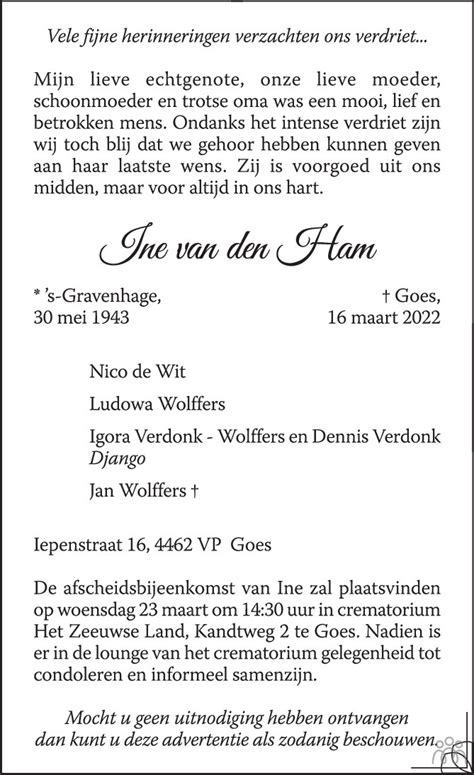 Ine Van Den Ham 16 03 2022 Overlijdensbericht En Condoleances