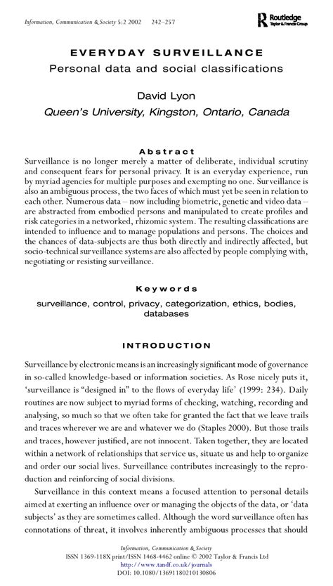 Pdf Everyday Surveillance Personal Data And Social Classifications
