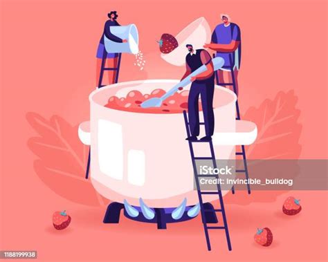 수제 딸기 잼 또는 마멀레이드를 만드는 사람들 작은 남성과 여성 캐릭터는 끓는 물에 설탕과 신선한 잘 익은 열매를 넣어 거대한