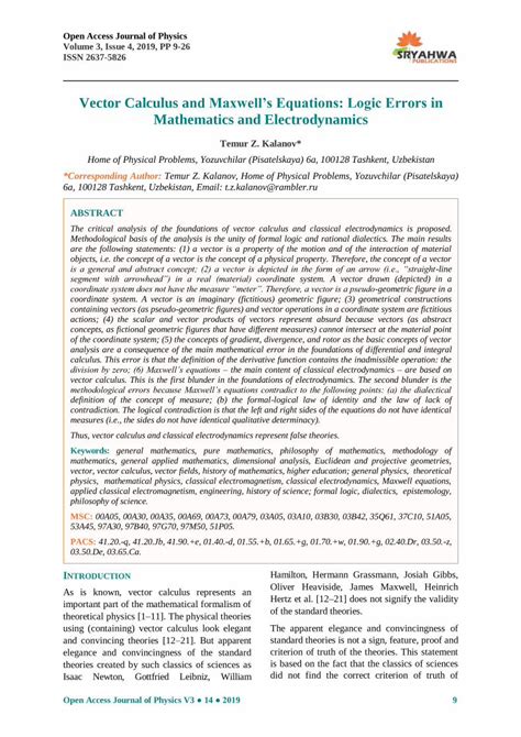 Pdf Vector Calculus And Maxwells Equations Logic Errors In · Vector Calculus And Maxwell