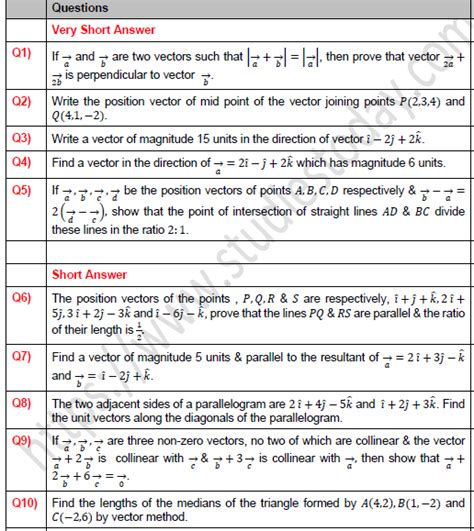 Cbse Class 12 Mathematics Algebra Of Vector Worksheet Set A