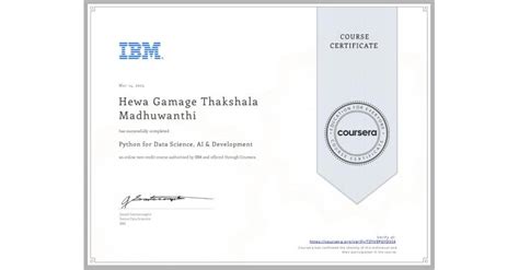 Completion Certificate For Python For Data Science Ai And Development Thakshala Madhuwanthi