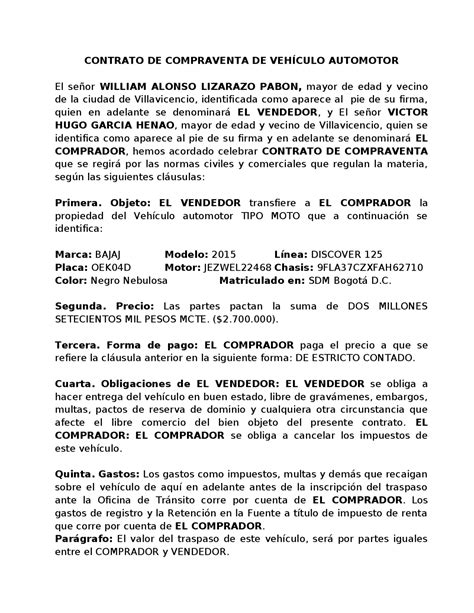 Contrato De Compraventa De Vehiculo Ejemplos Y Formatos Bilarasa